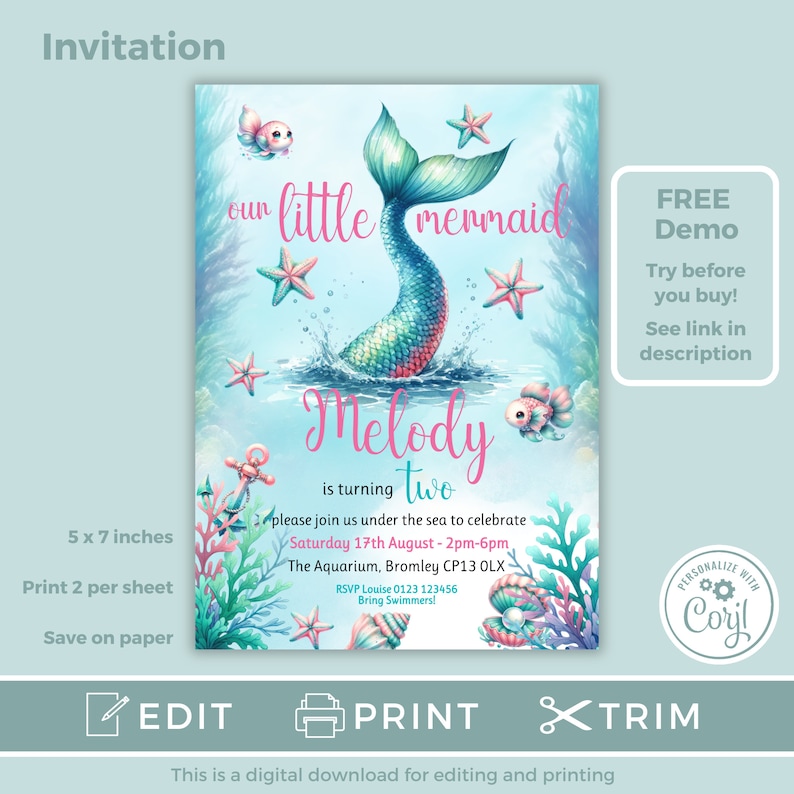 Editable Mermaid Tail Birthday Invitation and Free Thank You Tag, Pale ...