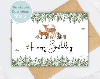 Printable Birthday Card With Woodland Animals, Woodland Scene Instant ...