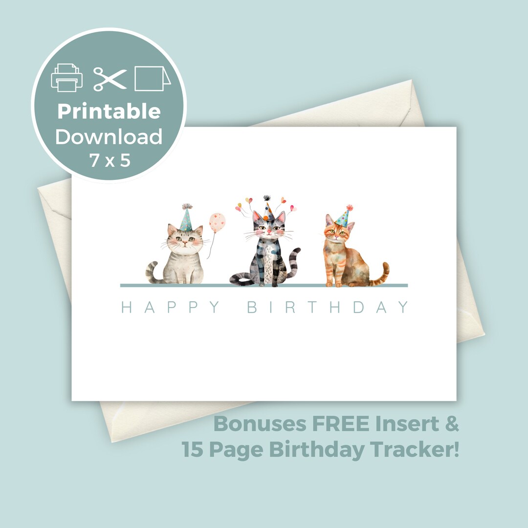 Cat Printable Birthday Card - Cute Kitty Greeting Digital Download ...