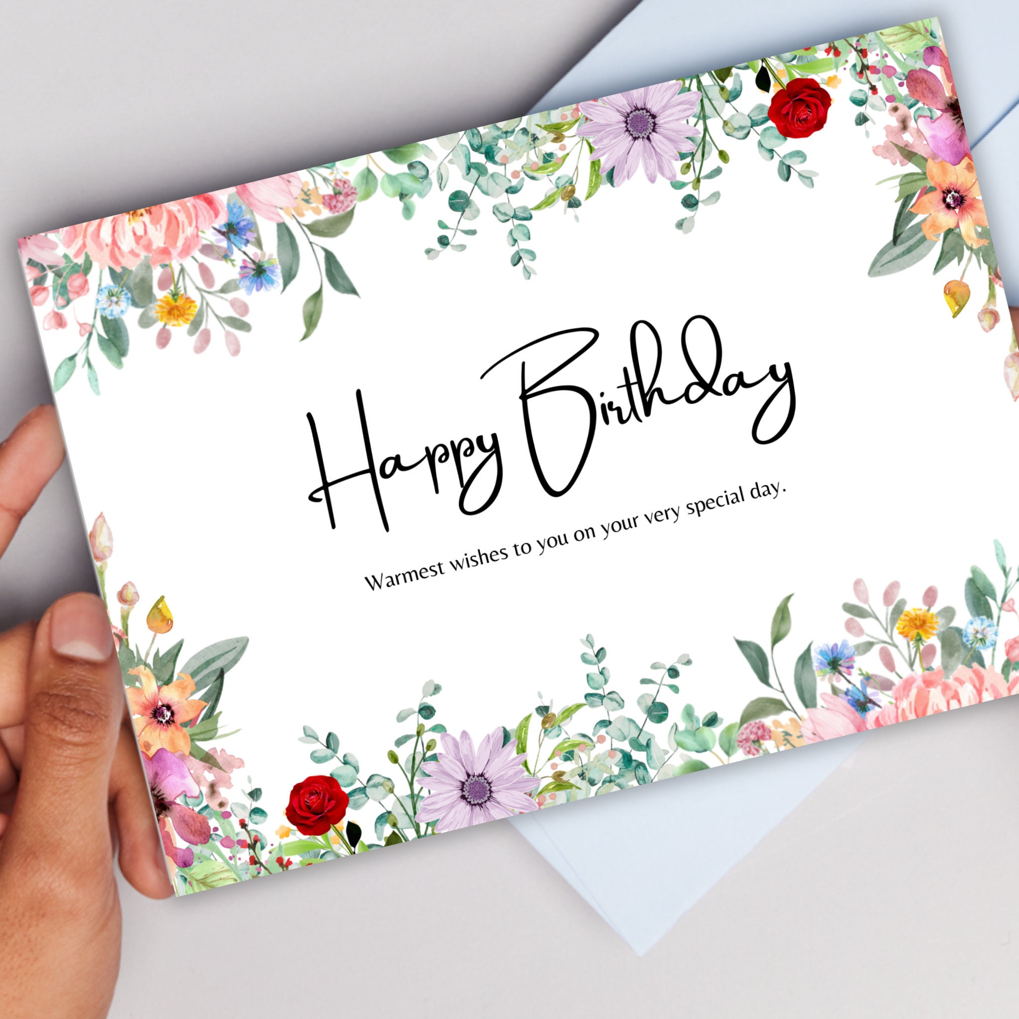Printable Birthday Card With Flowers, Floral Birthday Card, Printable ...