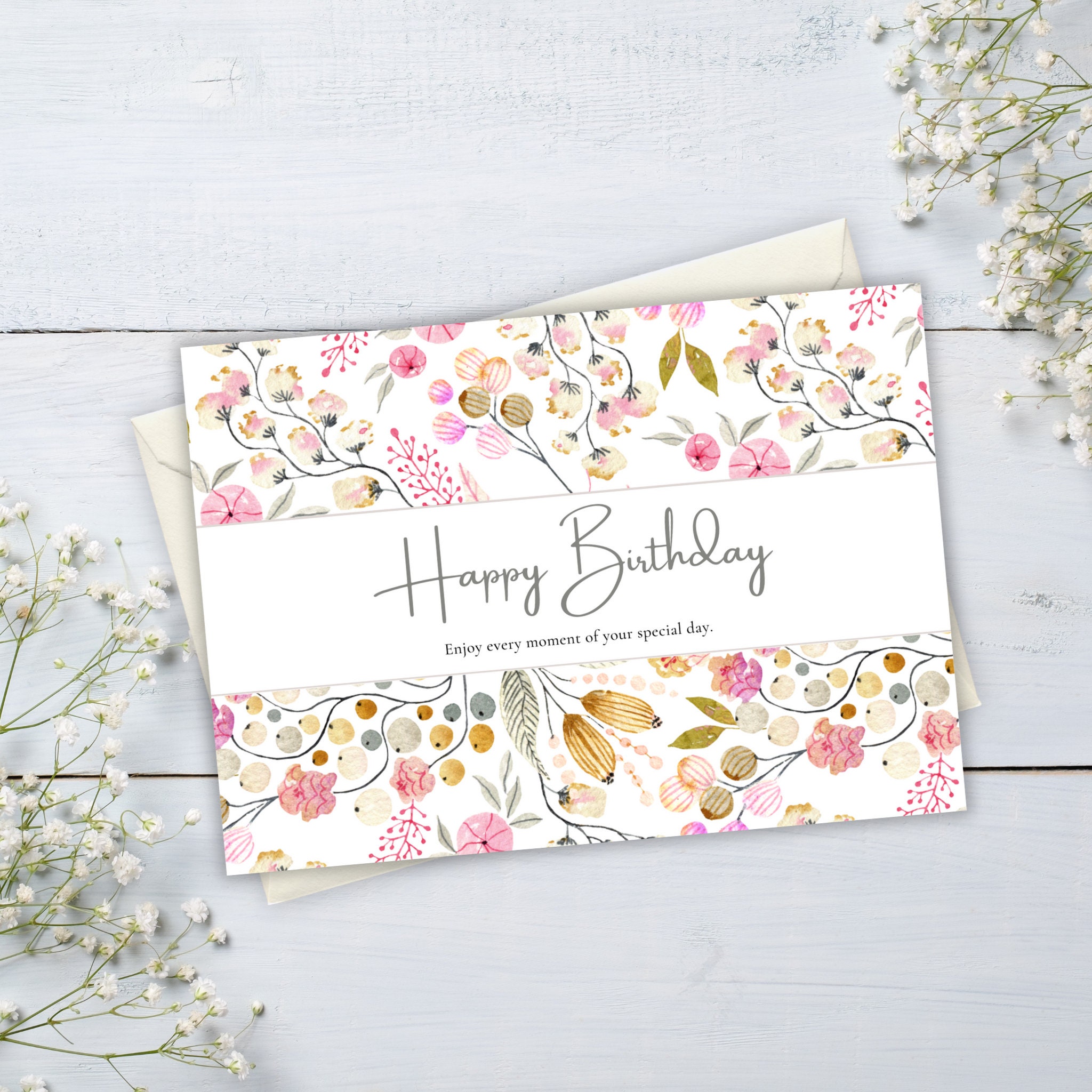 Printable Birthday Card With Flowers, Floral Birthday Card, Printable ...