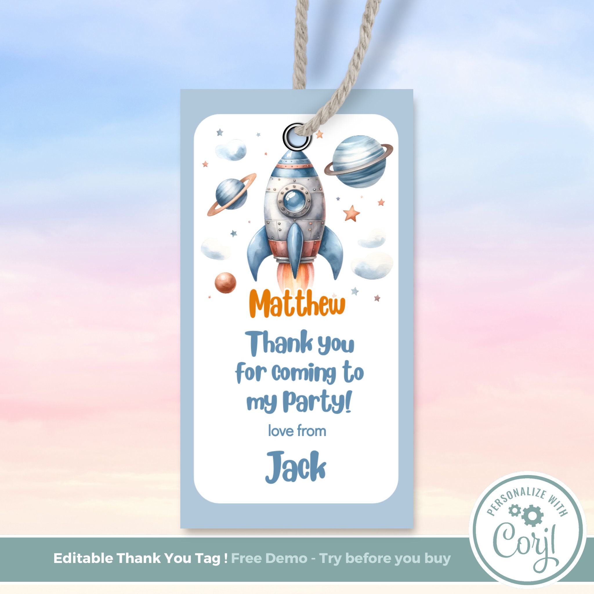 Editable Boys Rocket Ship Birthday Thank You Tag | Space Theme Party ...