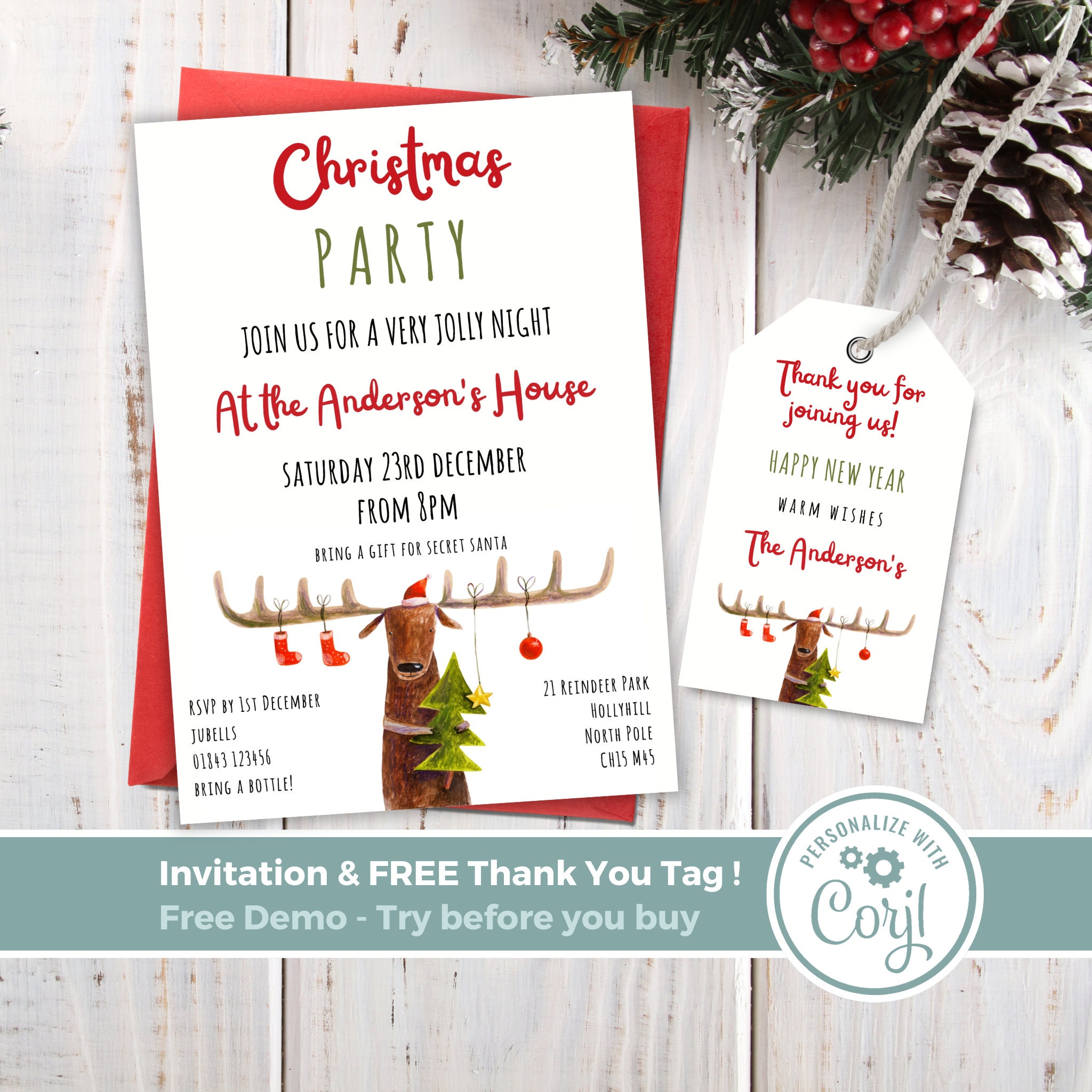 Editable Christmas Party Invitation, Christmas Thank You Tag, Reindeer ...