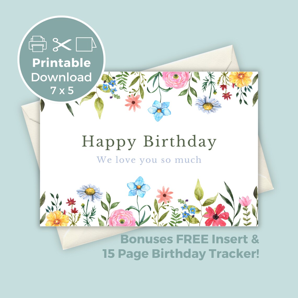 Printable Birthday Card With Flowers, Floral Birthday Card, Printable ...