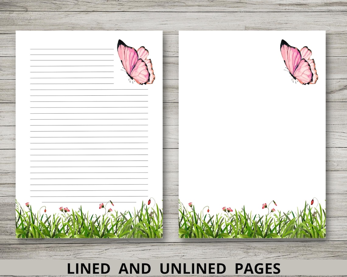 Printable Stationery Set: 12 Lined and Unlined Pages Included Butterfly ...