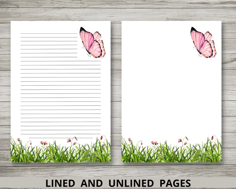 Printable Stationery Set: 12 Lined and Unlined Pages Included Butterfly ...