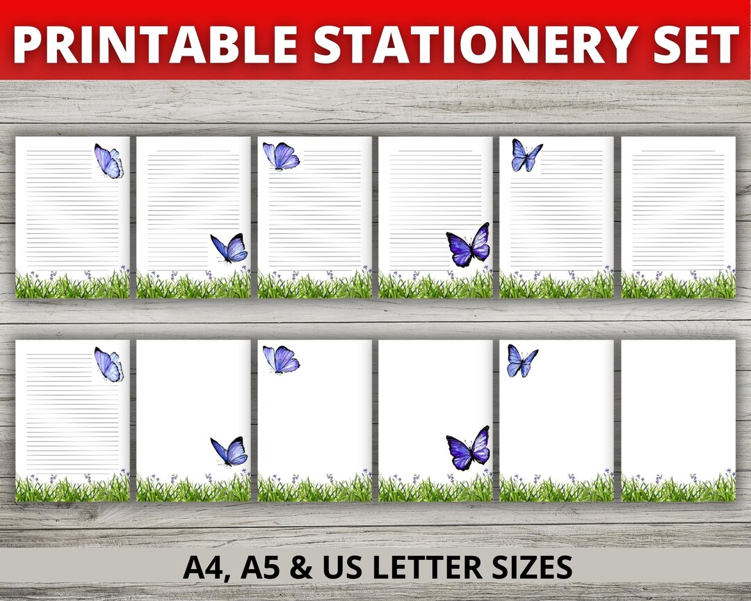 Printable Stationery Set: 12 Lined and Unlined Pages Included Butterfly ...