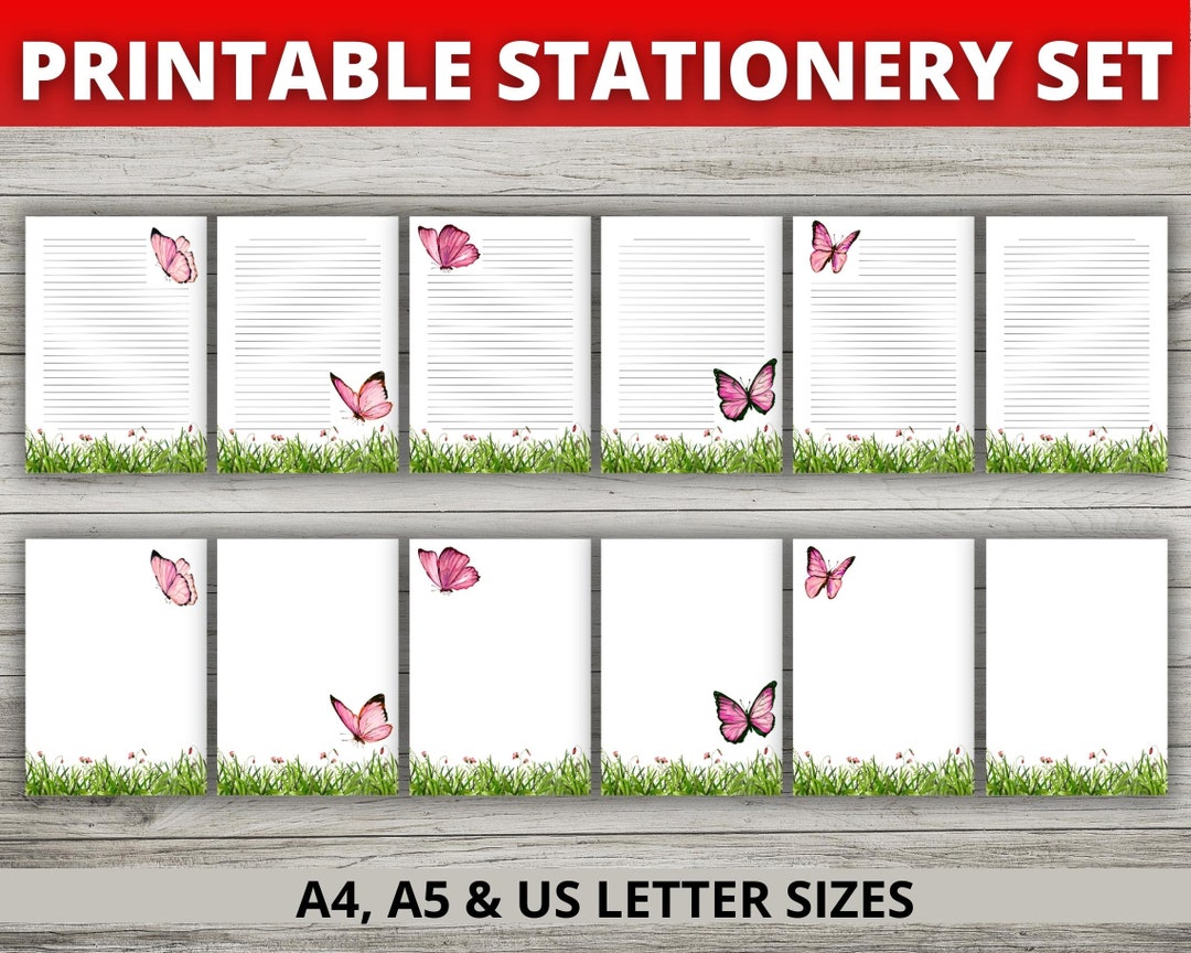 Printable Stationery Set: 12 Lined and Unlined Pages Included Butterfly ...