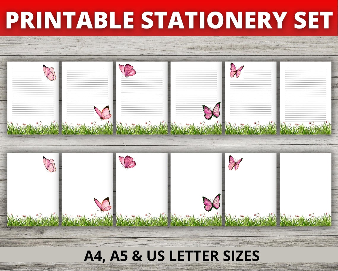 Printable Stationery Set: 12 Lined and Unlined Pages Included Butterfly ...