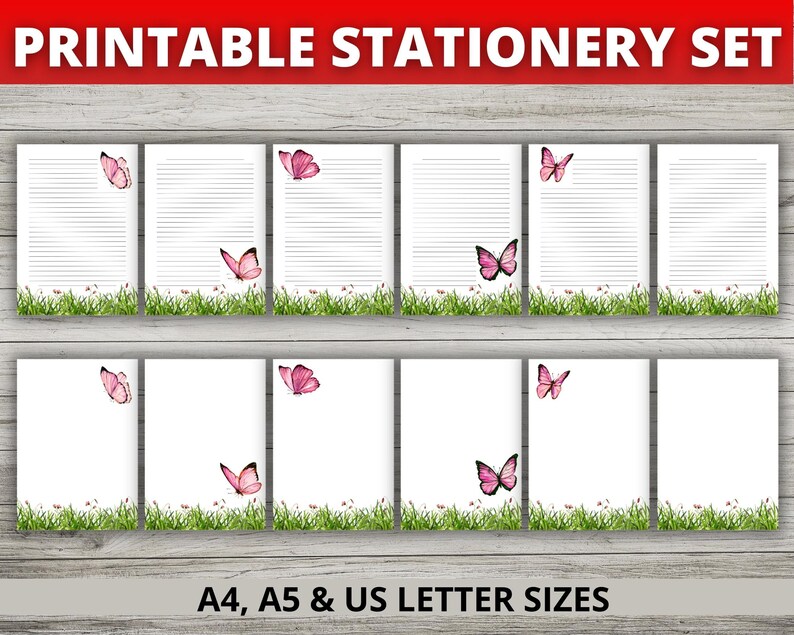 Printable Stationery Set: 12 Lined and Unlined Pages Included Butterfly ...