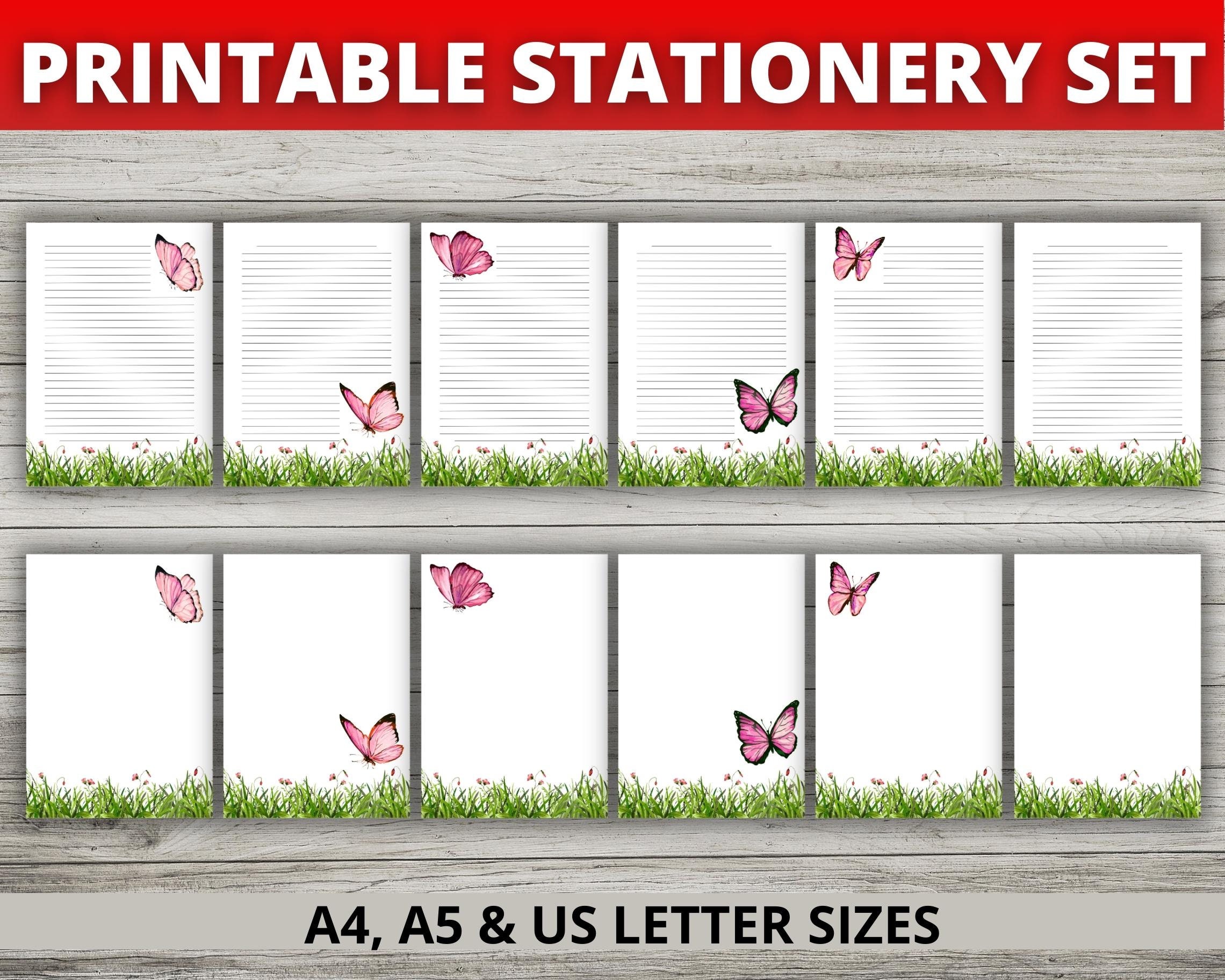 Printable Stationery Set: 12 Lined and Unlined Pages Included Butterfly ...