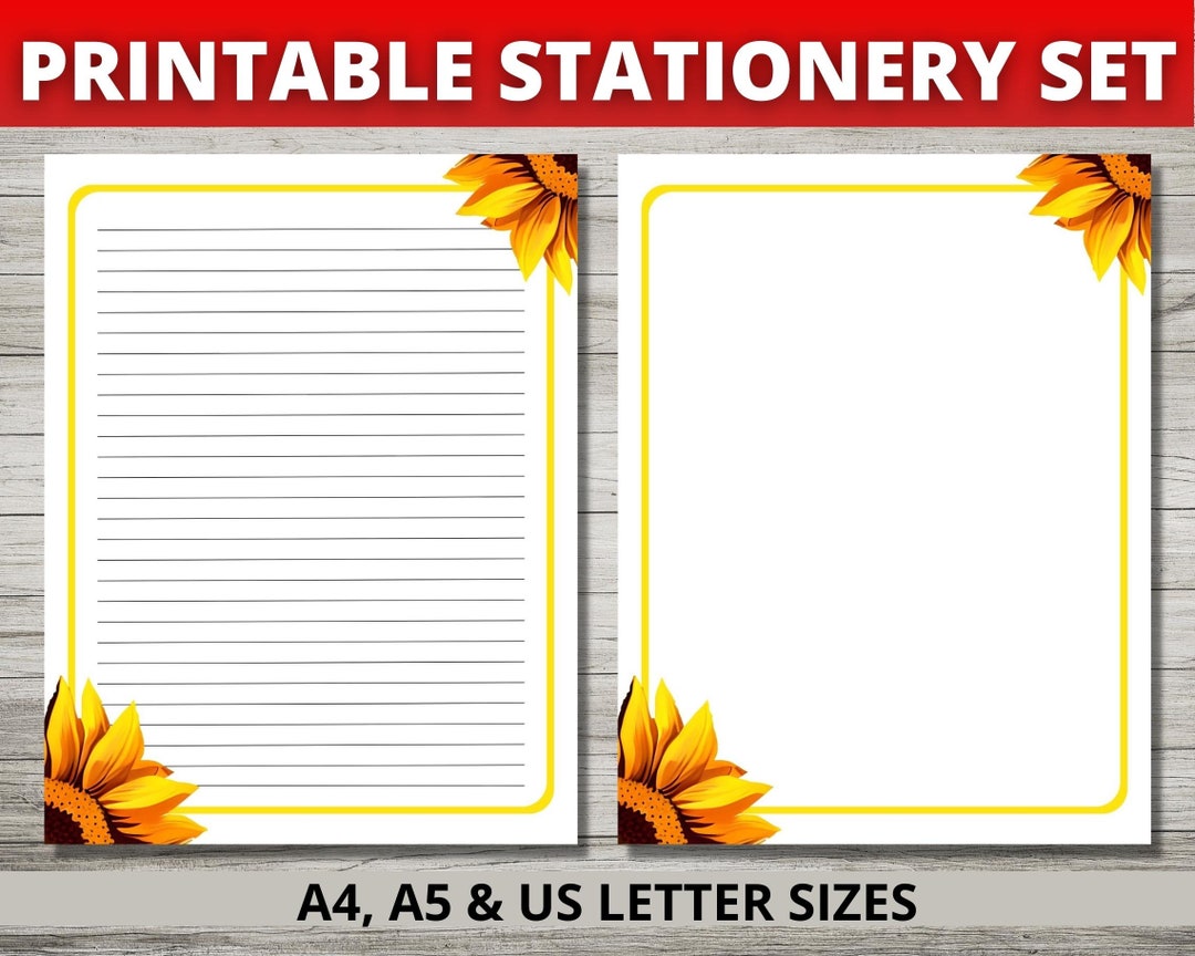 Printable Sunflower Stationery, A4 A5 US Letter, Printable Sunflower ...