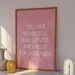 You Are Beautiful and Loved Print Pink Wall Art Girl Room Pink Wall ...