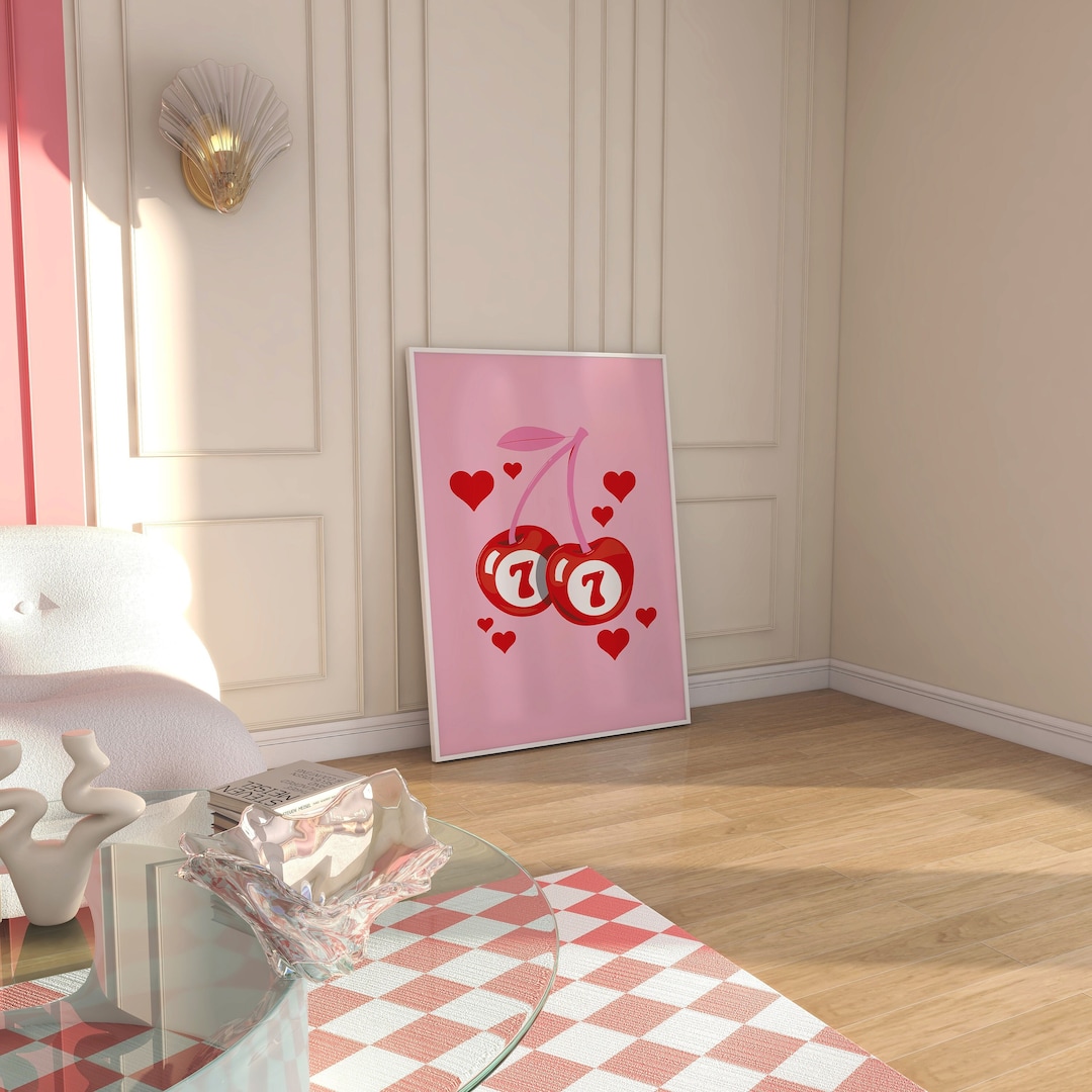 Pink and Red Cherry Print Cute Retro Room Decor Pink and Red Groovy Print Pink and Red Retro ...