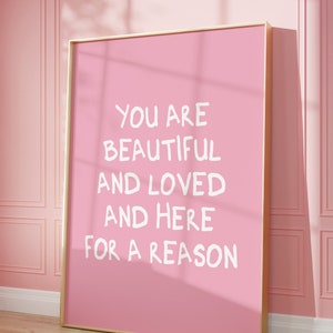You Are Beautiful and Loved Print Pink Wall Art Girl Room Pink Wall ...
