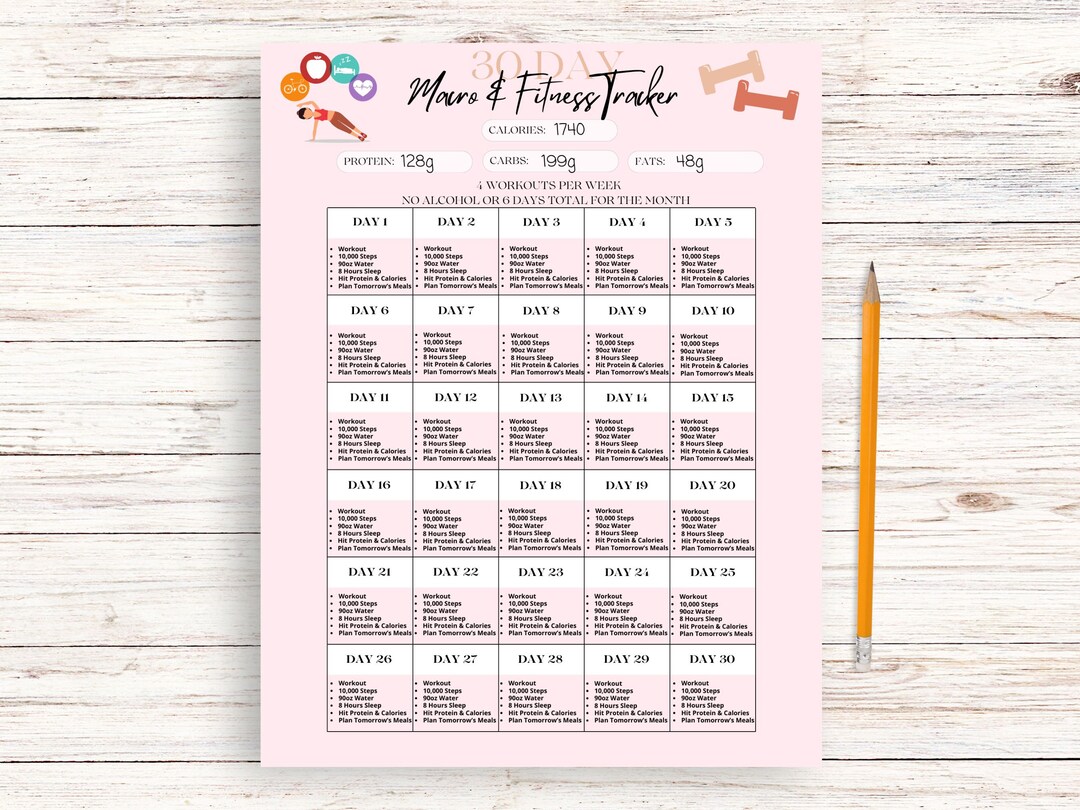 Macro Fitness Tracker, 30 Day Tracker, Daily Checklist, US Letter Size ...