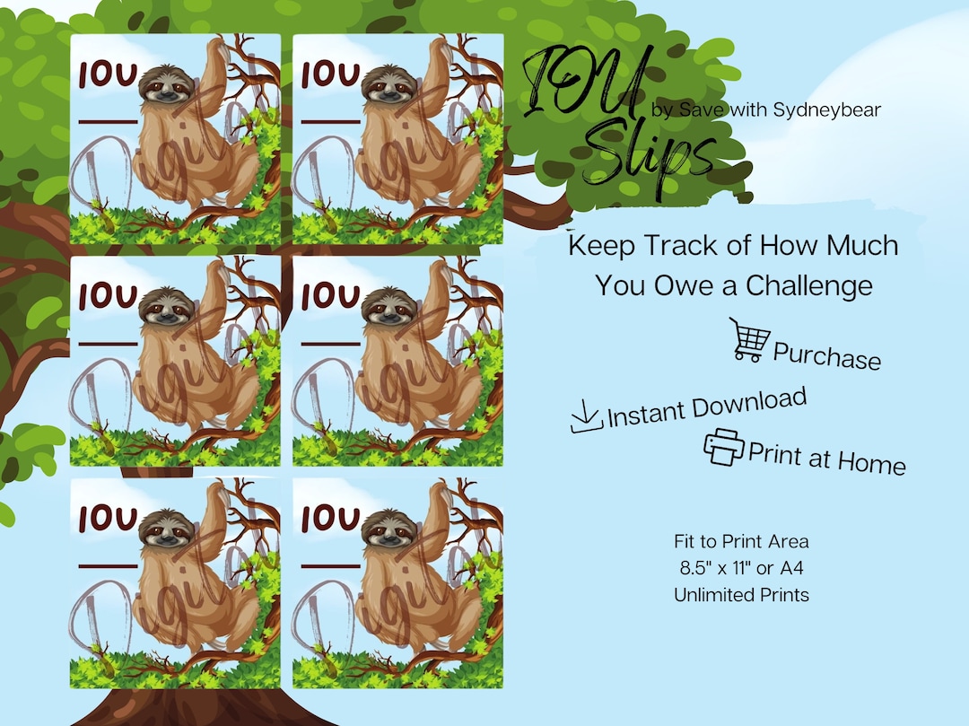 Sloth IOU Peace Slip Printable Download Game & Saving Tracker Cash ...