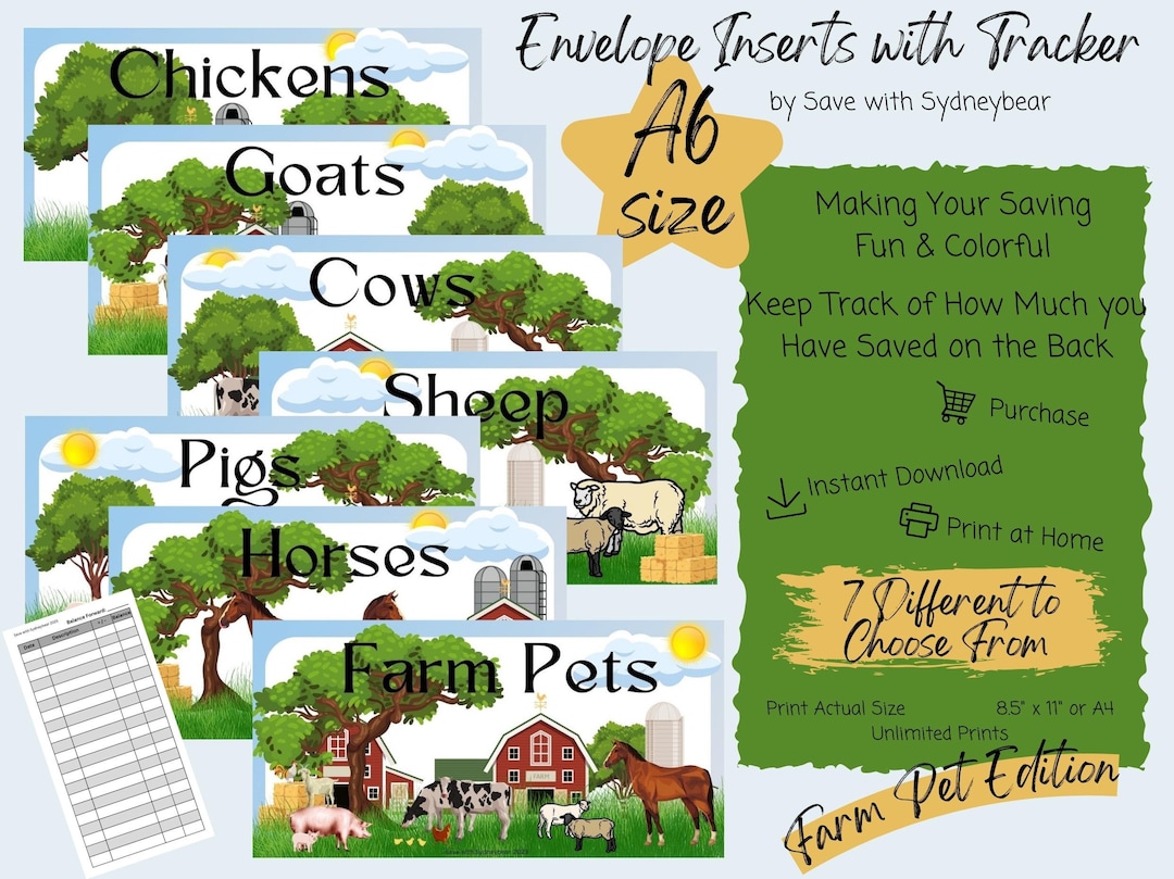 7 Different FARM ANIMAL PET Envelope Inserts Balance Tracker Printable ...