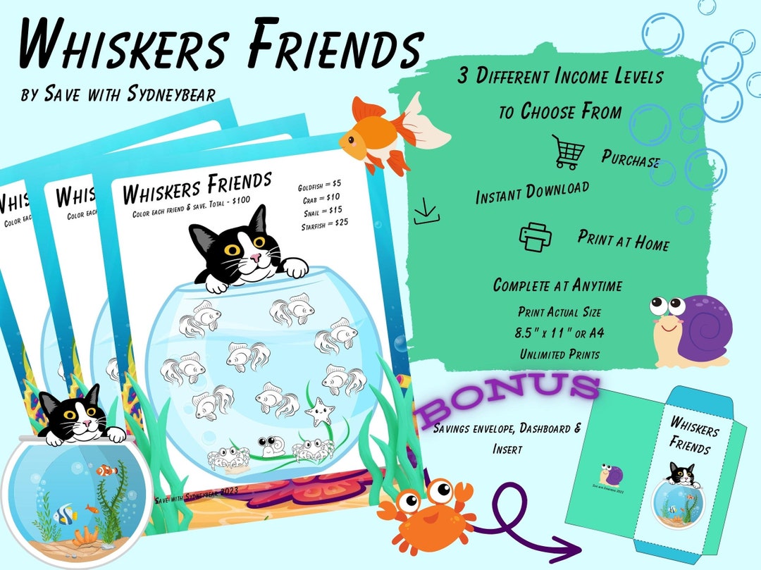 Whiskers Friends Low Medium & High Income Savings Challenge Color Printable Download Game Cash ...
