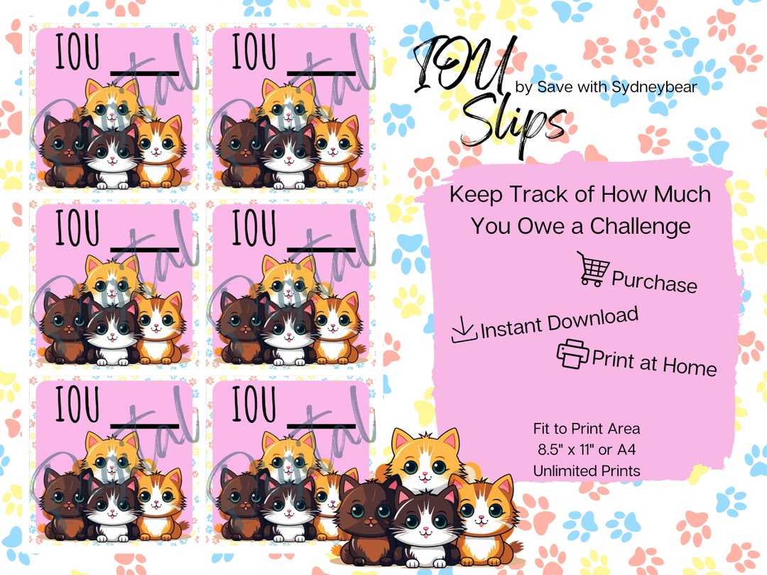 Kitty Cat IOU Slip Printable Download Game & Saving Tracker Cash ...