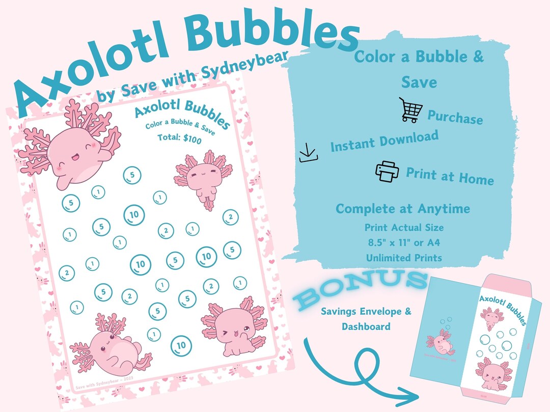 Adorable Axolotl Bubbles Savings Challenge Color Printable Download ...