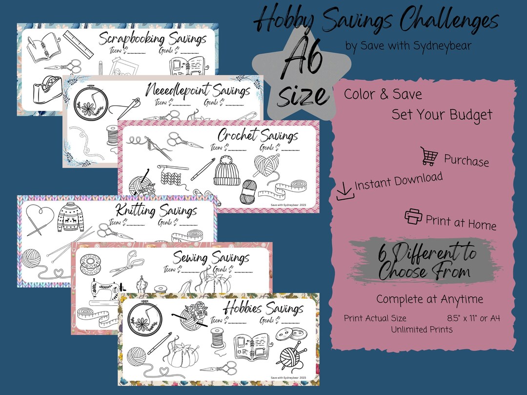 6 Different HOBBY Savings Challenge Printable A6 Download Game & Saving ...