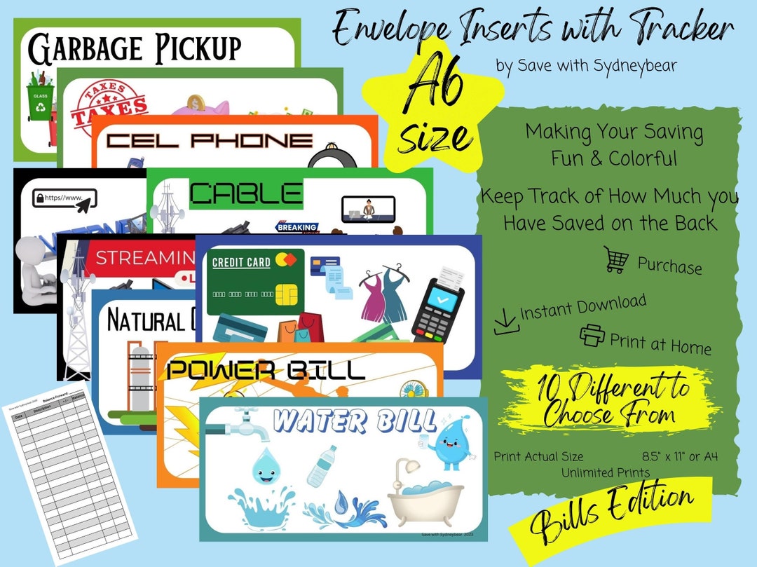 10 Different BILLS Envelope Inserts With Balance Tracker Printable A6 ...