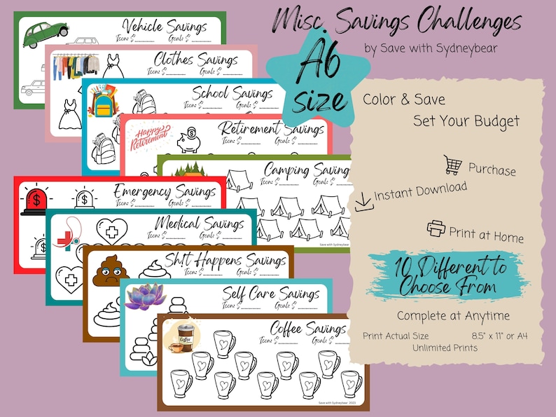 10 Different Savings Challenge Printable A6 Download Game & Saving Tracker Cash Stuffing Sinking ...