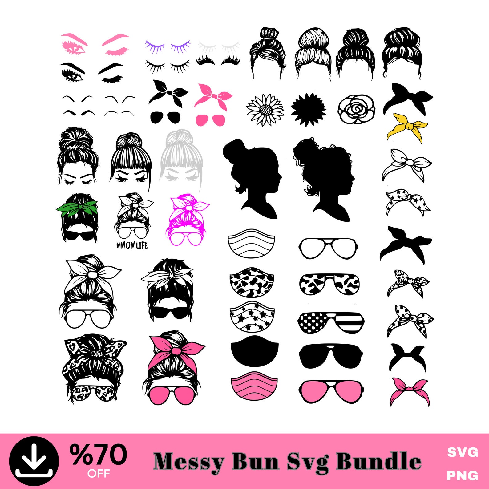 Messy Bun Svg Bundle, Messy Bun With Glasses Svg, Momlife Svg Messy Bun ...