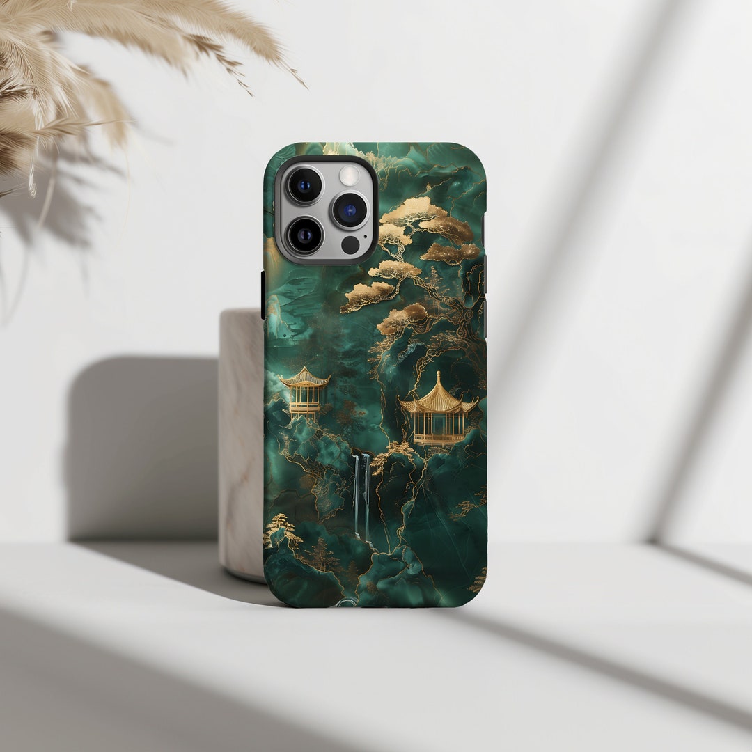 Asian Green Jade Carving Golden Landscape Tough Phone Case Cover ...