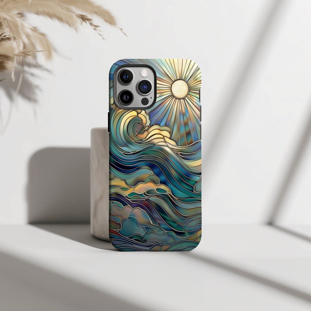 Stained Glass Ocean Waves & Sun Rays Boho Tough Phone Case Cover ...