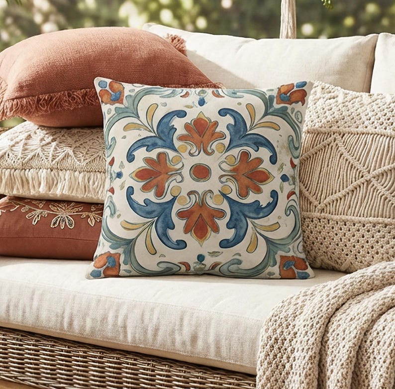 Floral Pattern Outdoor Pillow | Mediterranean Boho Patio Decor - Etsy
