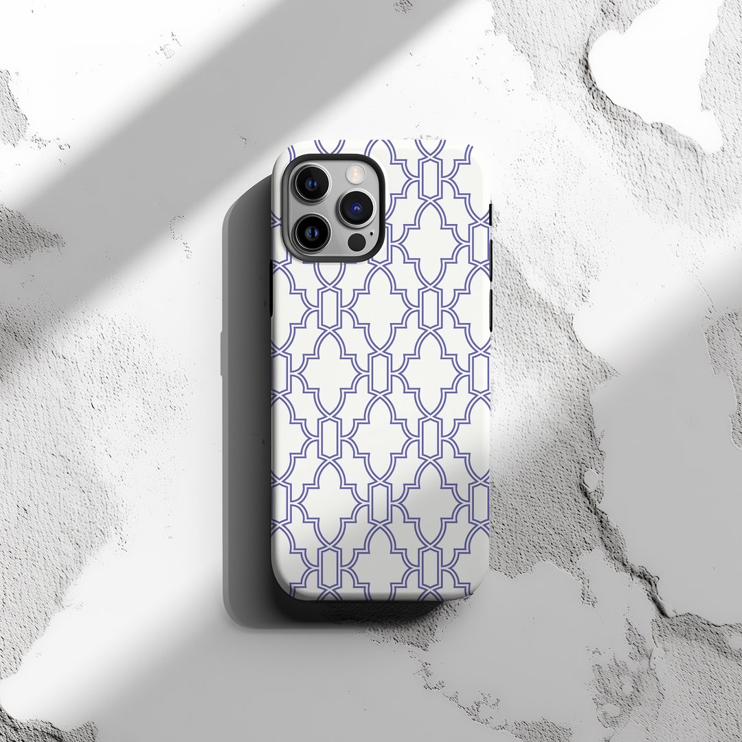 Boho Trellis Lattice Blue White Pattern Tough Phone Case| iPhone PRO Max Plus 16 15 14 13 ...