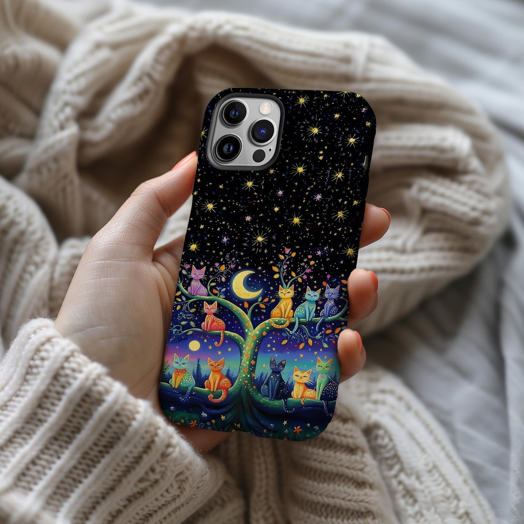 Whimsical Starry Night Cute Cats in Tree Tough Phone Case Cover ...