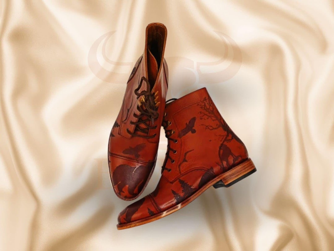 Leaser Engraving Handmade Leather Half Long Boots lace-up Biker Paddock ...