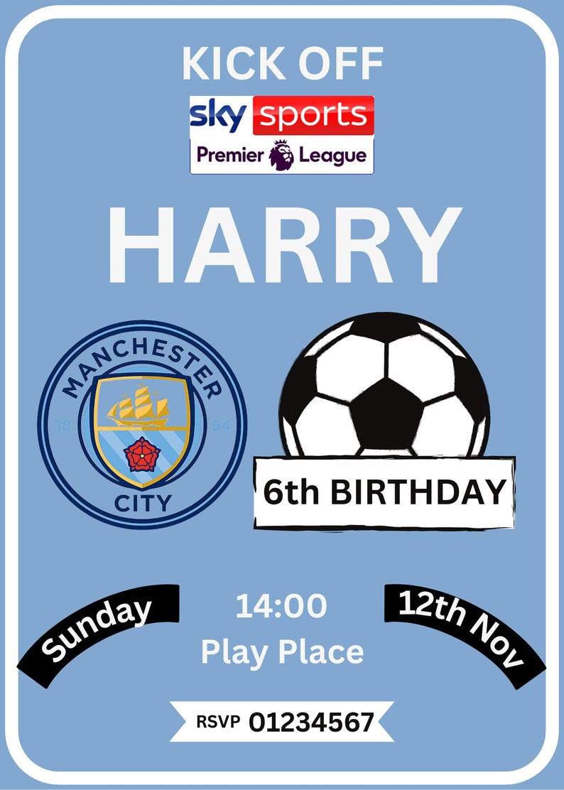 Manchester City Football Birthday Party Invitation. - Etsy