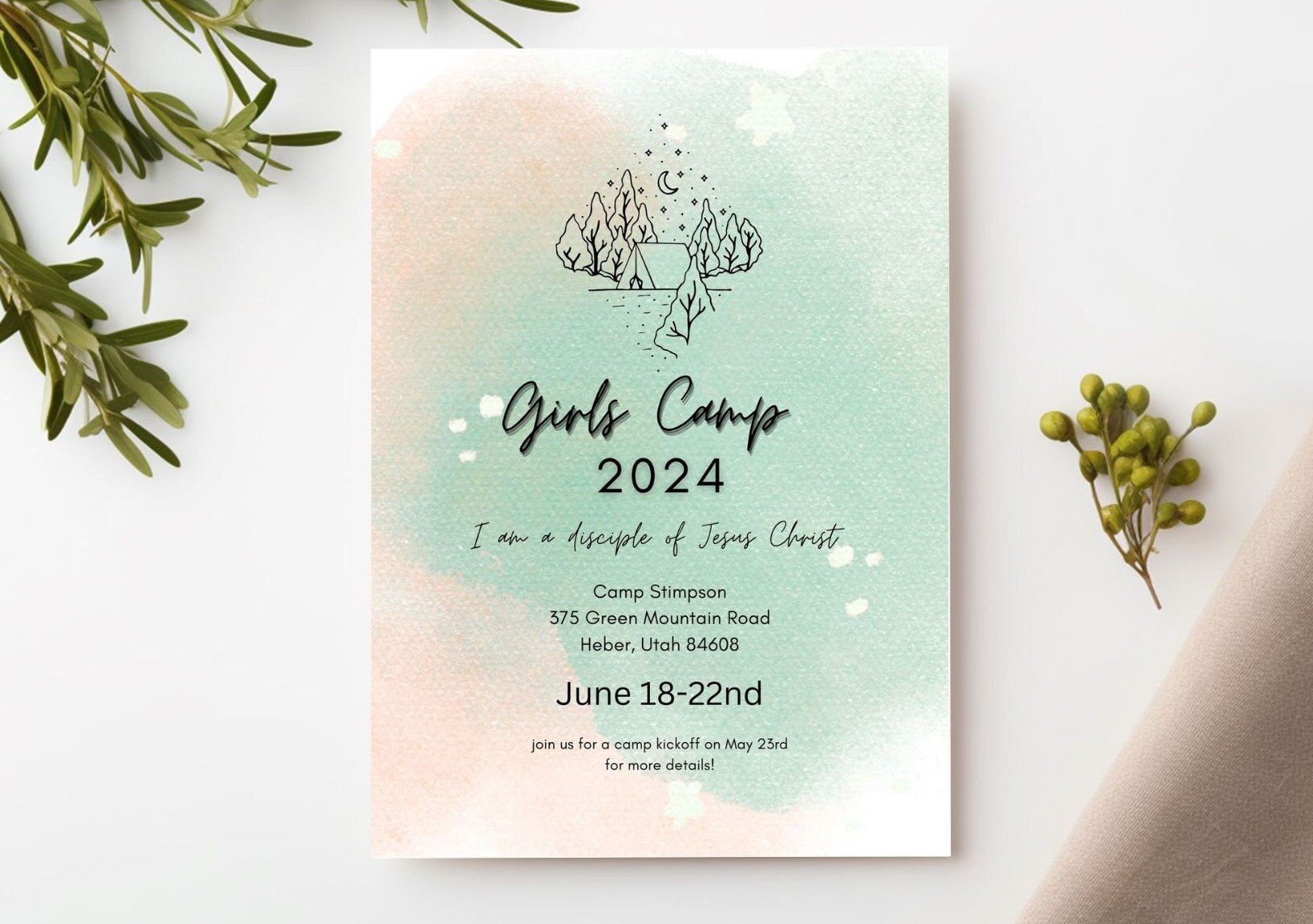 Girls Camp Invitation | LDS Girls Camp Watercolor Invite | Young Women ...