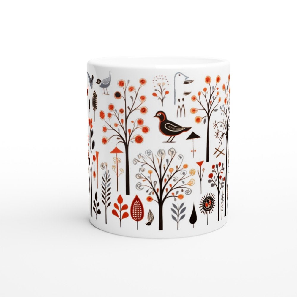 Vintage Scandinavian Design Style White 11oz Ceramic Mug, Birds and ...