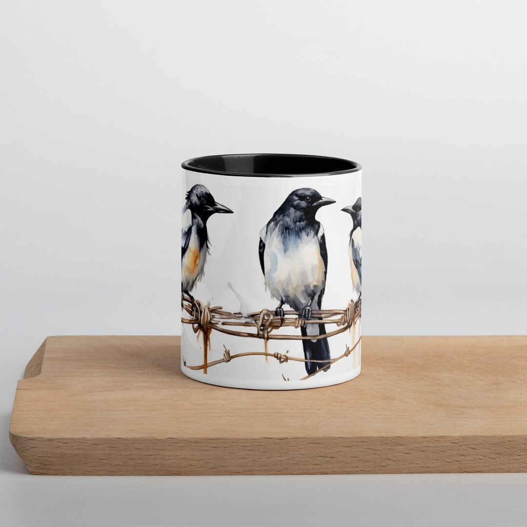 Three Magpies Sitting in a Barbed Wire Mug, Boho, Watercolor Art, Gift ...
