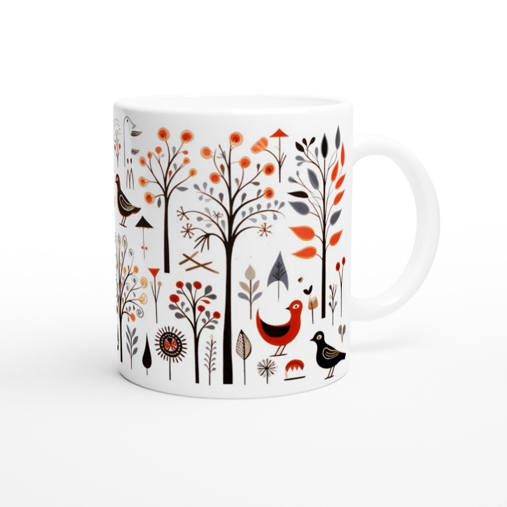 Vintage Scandinavian Design Style White 11oz Ceramic Mug, Birds and ...