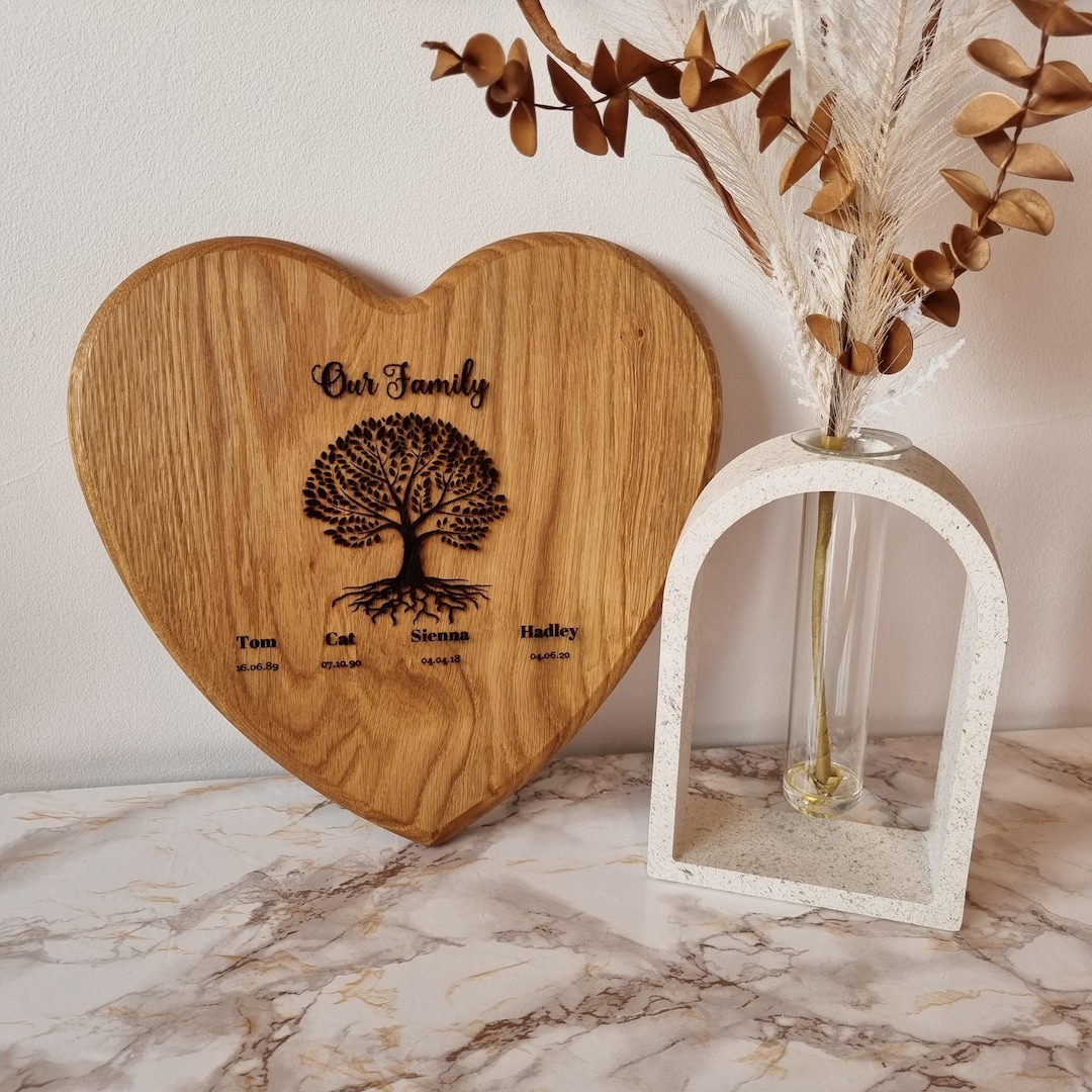 Personalised Oak Tree of Life, Engraved Oak Heart, Family Tree, Unique ...