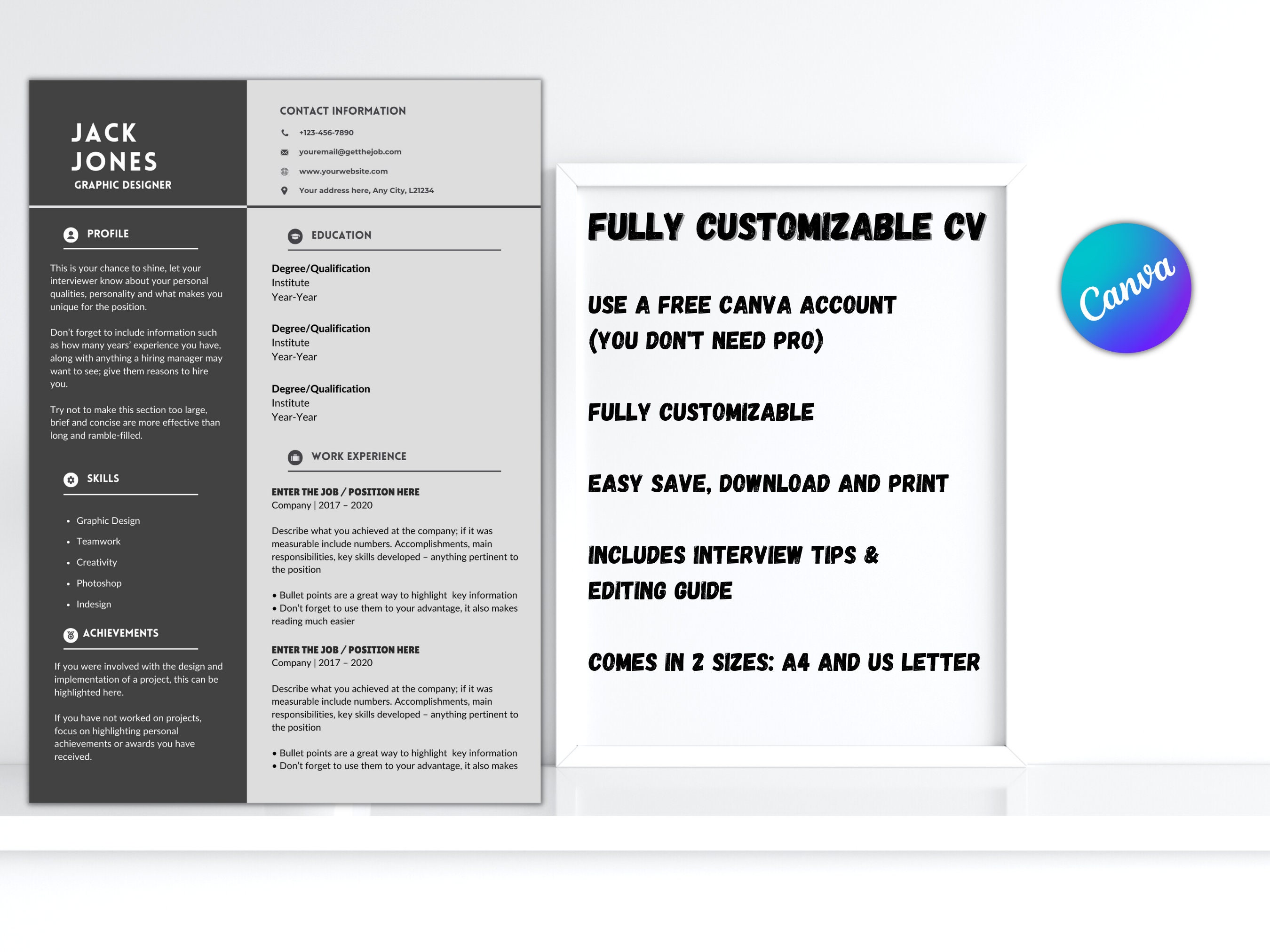 Professional Canva CV Professional Canva Resume A4 Canva Resume US ...