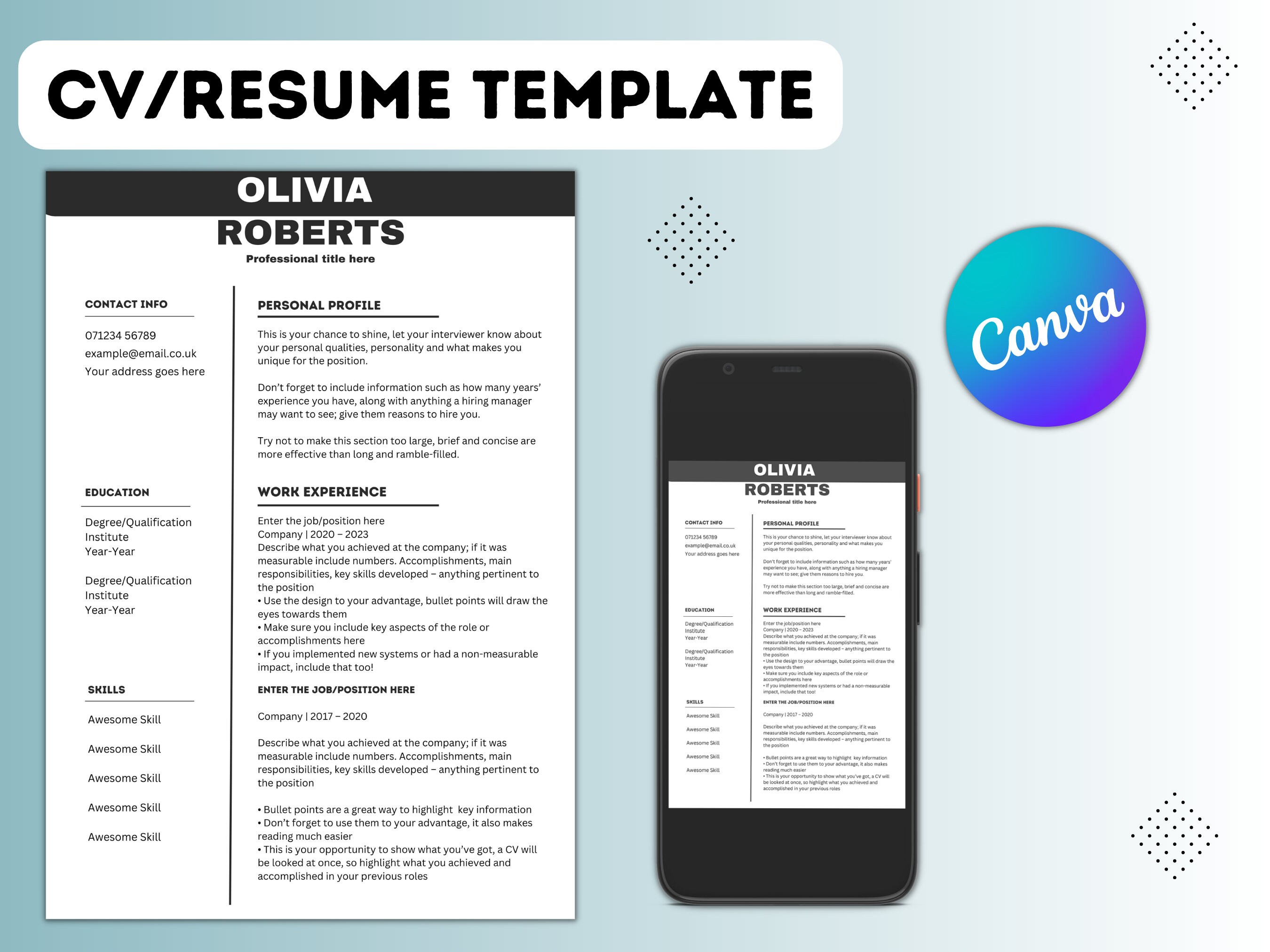 Canva Resume Template A4 and US Letter Professional Canva Resume A4 ...
