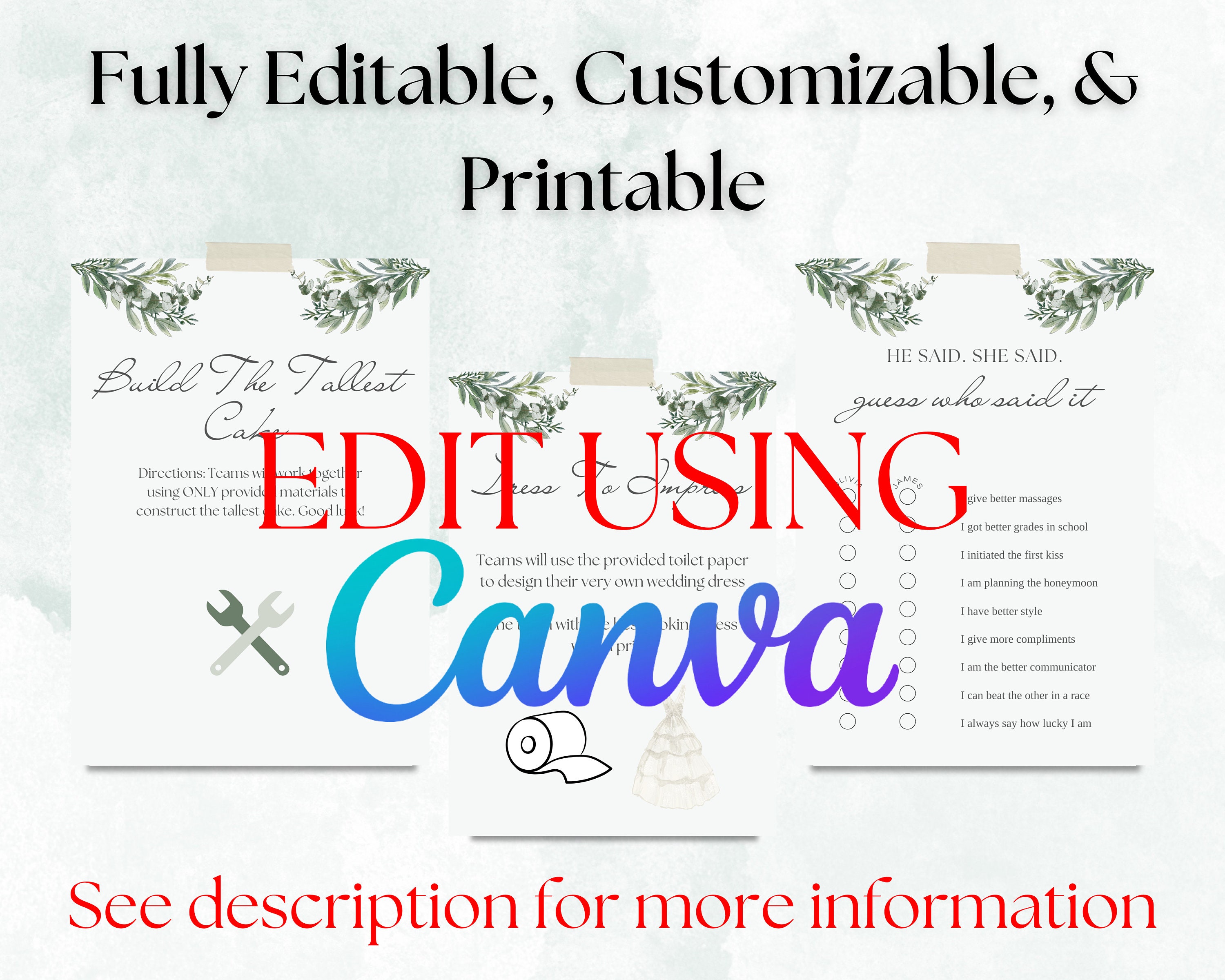 Greenery Bridal Shower Games Bundle, Editable Bridal Shower Games ...