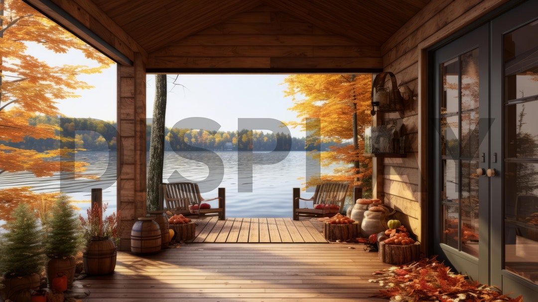 Autumn Rustic Modern Cabin Virtual Background, Porch Deck Backdrop ...