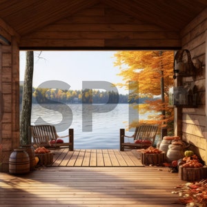 Autumn Rustic Modern Cabin Virtual Background, Porch Deck Backdrop ...