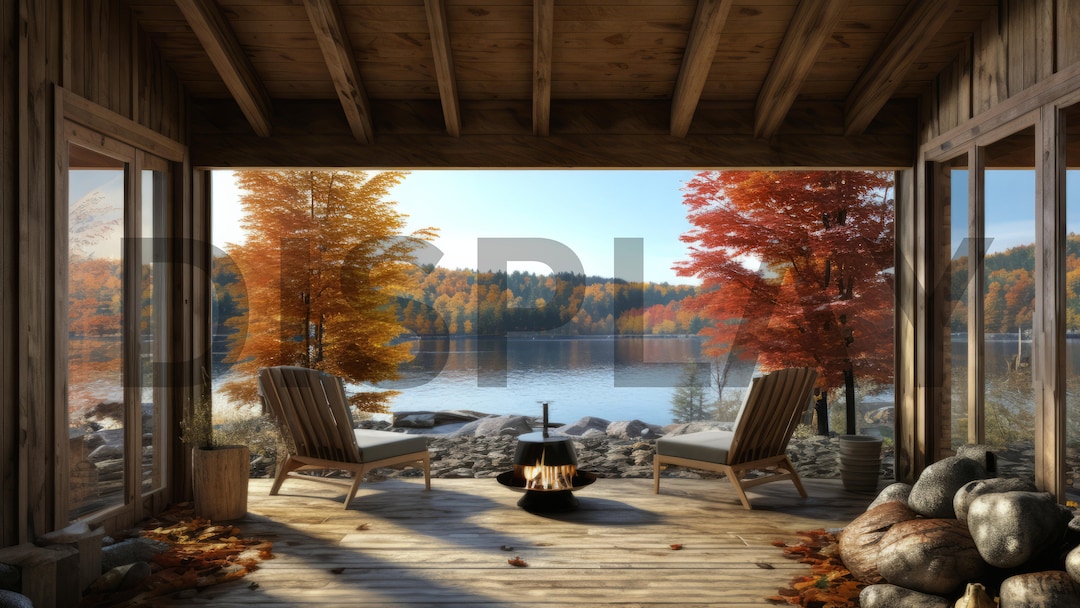 Autumn Rustic Modern Cabin Virtual Background, Porch Deck Backdrop ...