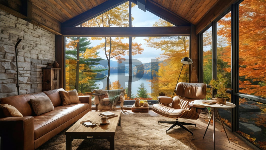 Autumn Rustic Modern Cabin Virtual Background, Lake Color Backdrop ...