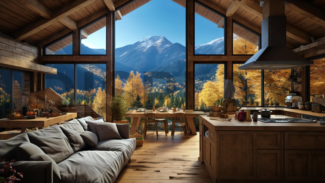 Autumn Rustic Modern Cabin Virtual Background, Mountain Color Backdrop ...