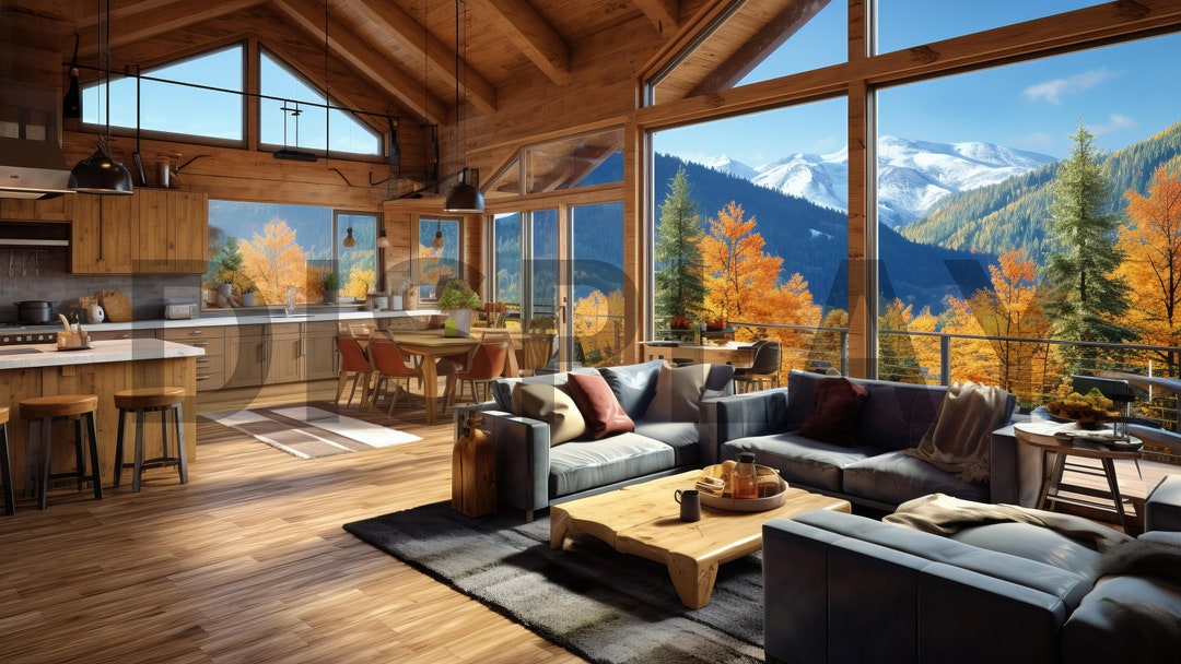Autumn Rustic Modern Cabin Virtual Background, Mountain Color Backdrop ...